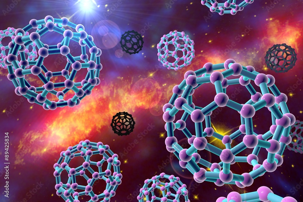 Background with nanoparticles, C60 molecule, carbon nanoparticle ...