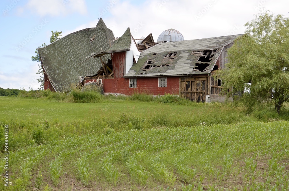 Collapsed and destroyed barn with field of crops Stock Photo | Adobe Stock