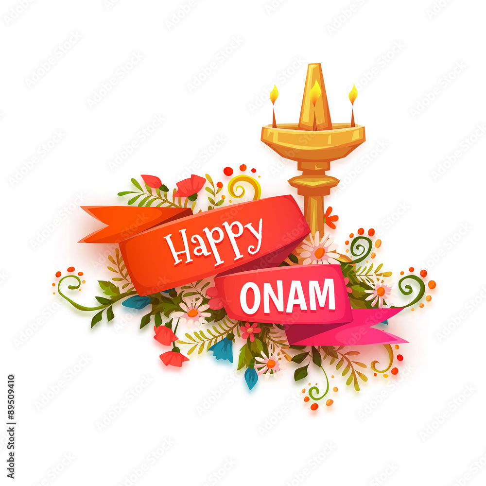 Happy Onam banner with flowers and lamp Stock Vector | Adobe Stock