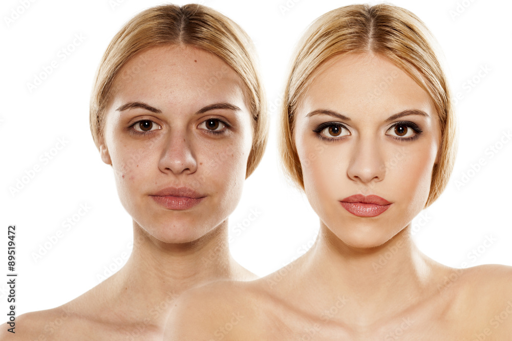 comparative portrait of female face, without and with makeup Stock ...