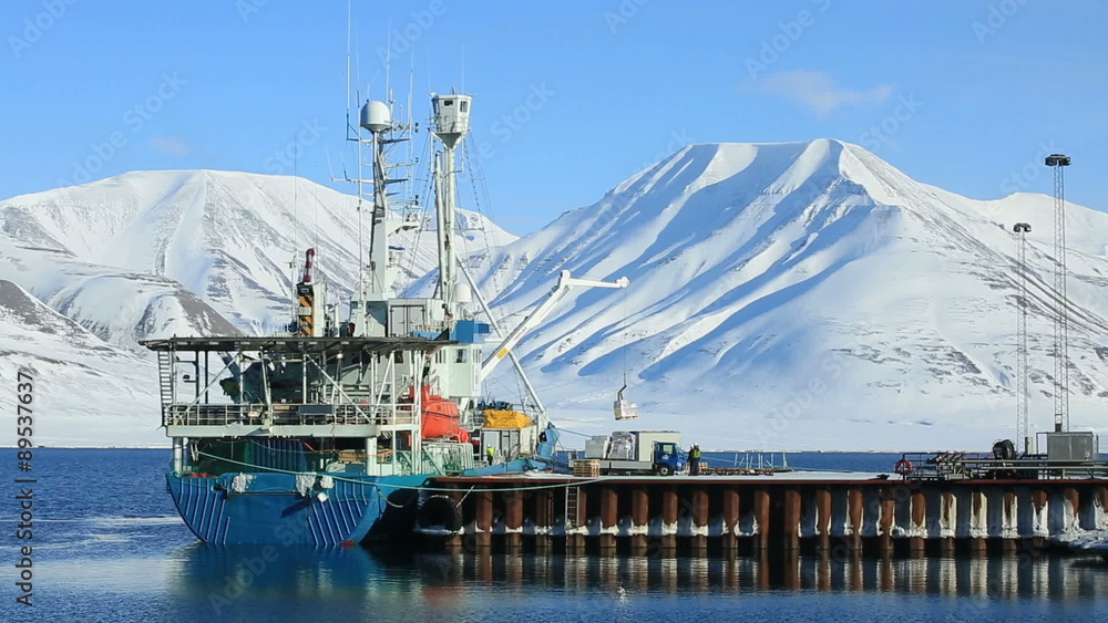 Loading cargo on a cargo ship in port on Svalbard. Stock ビデオ | Adobe Stock