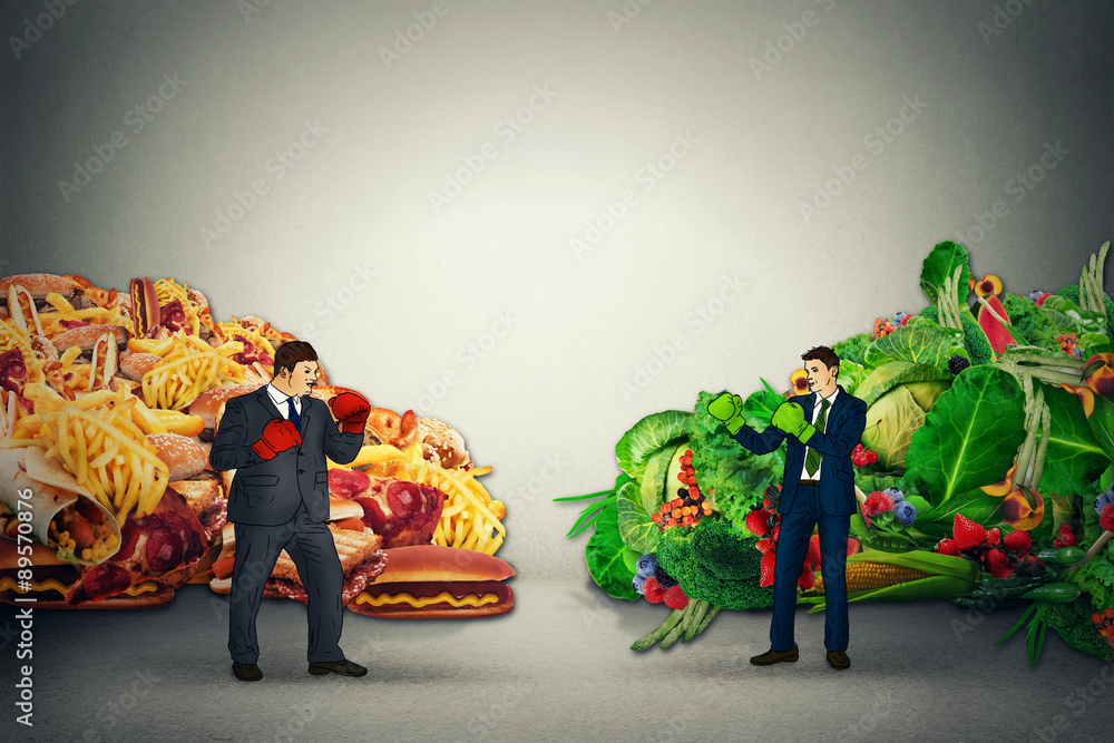 Vegetarian food representative fighting unhealthy junk fatty food guy ...