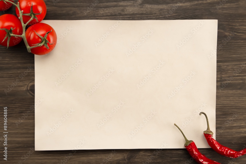 sheet old vintage paper with tomatoes and Chile peppers aged wooden ...