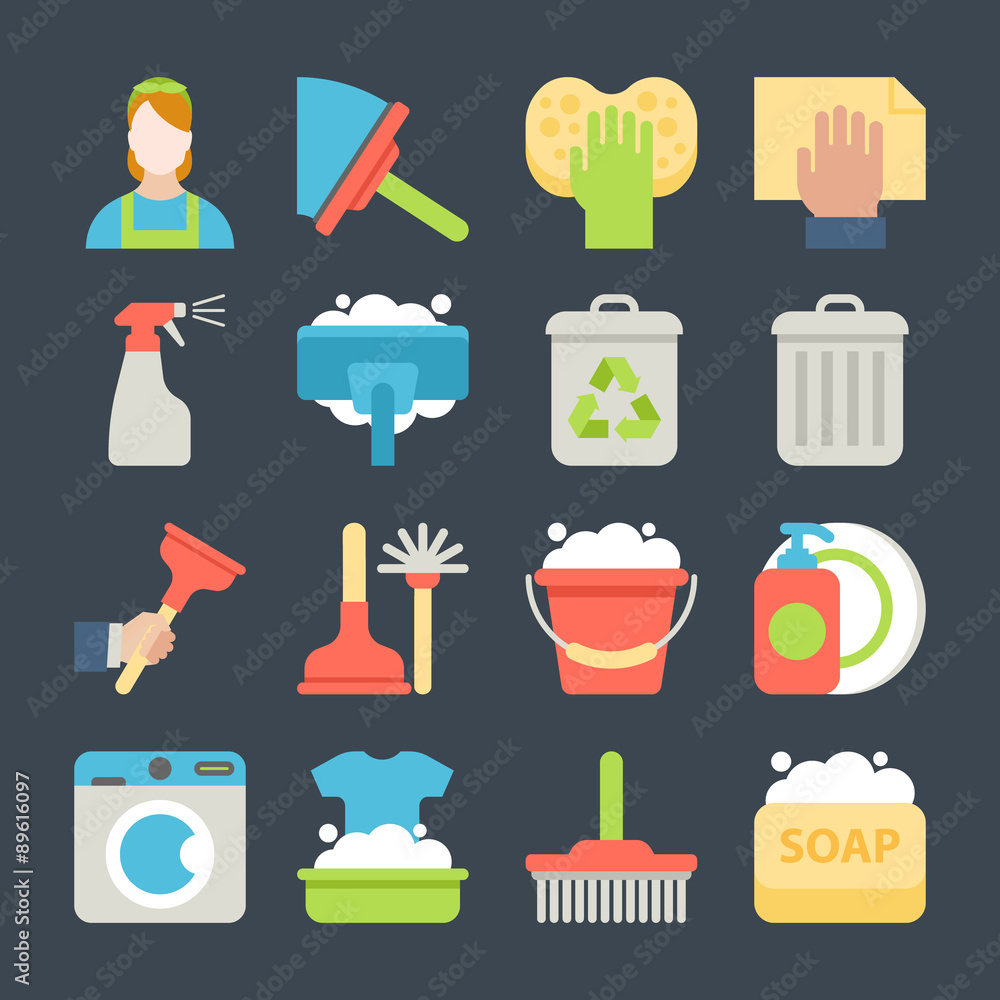 Cleaning icon set isolated with windows dishes floor washing Stock ...