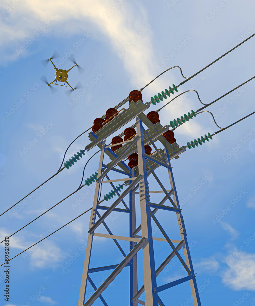 UAV drone in flight inspecting high-voltage electrical switchgear ...