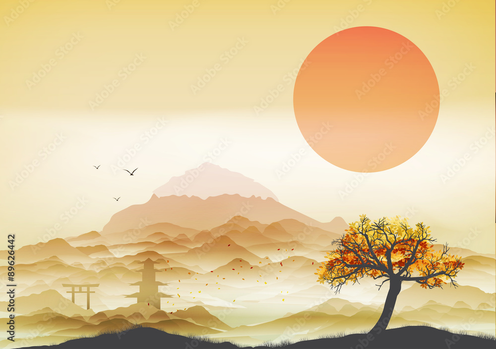 Japanese Landscape Background with Mountains - Vector Illustration ...