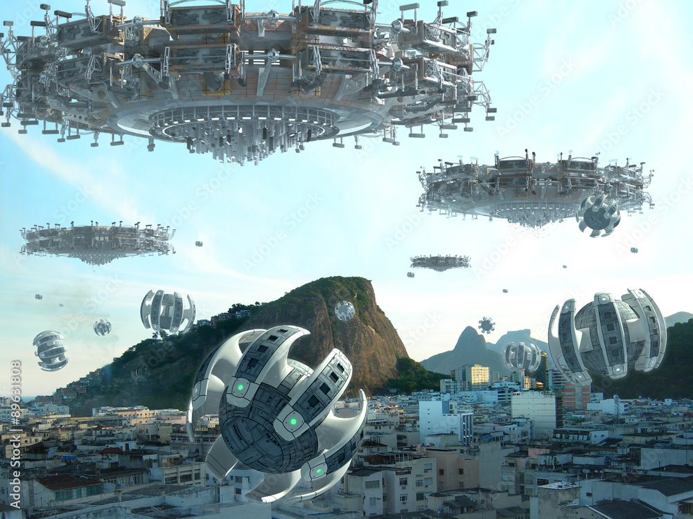 UFO fleet, above buildings in Rio de Janeiro, Brazil, for futuristic ...