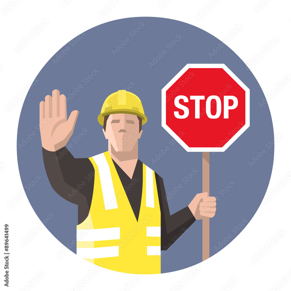 Construction worker holding STOP sign in his hand. Vector illustration ... Construction worker holding STOP sign in his hand. Vector illustration ...