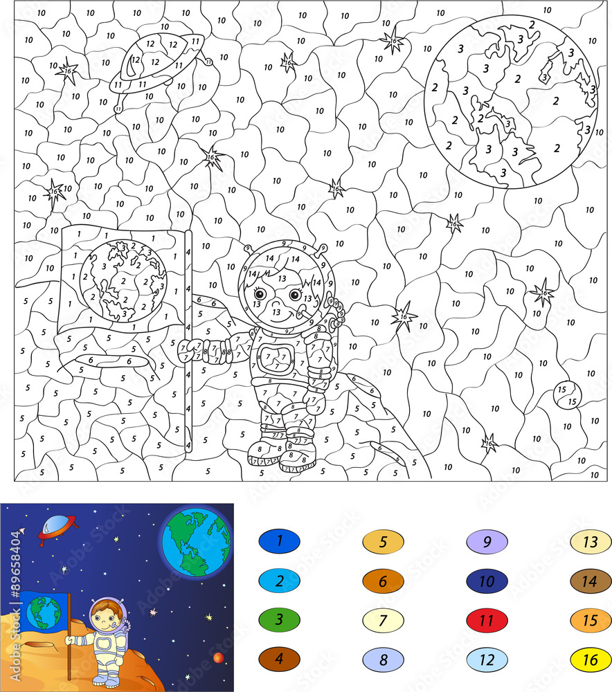 Color by number educational game for kids. Astronaut with a flag Stock ...