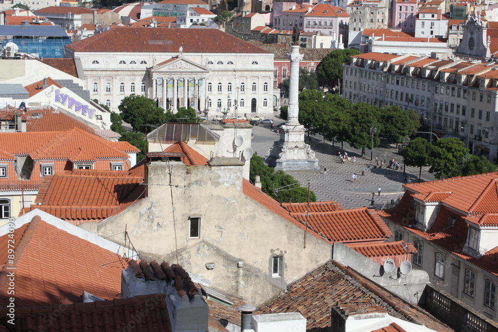 View from the top of Rossio Square in Lisbon, with D.Maria Theatre and ...
