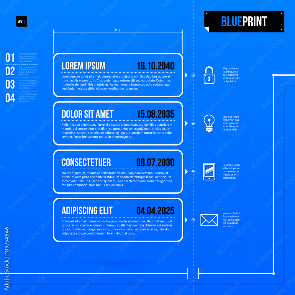 Poster Timeline template in blueprint style with four rectangle banners ...