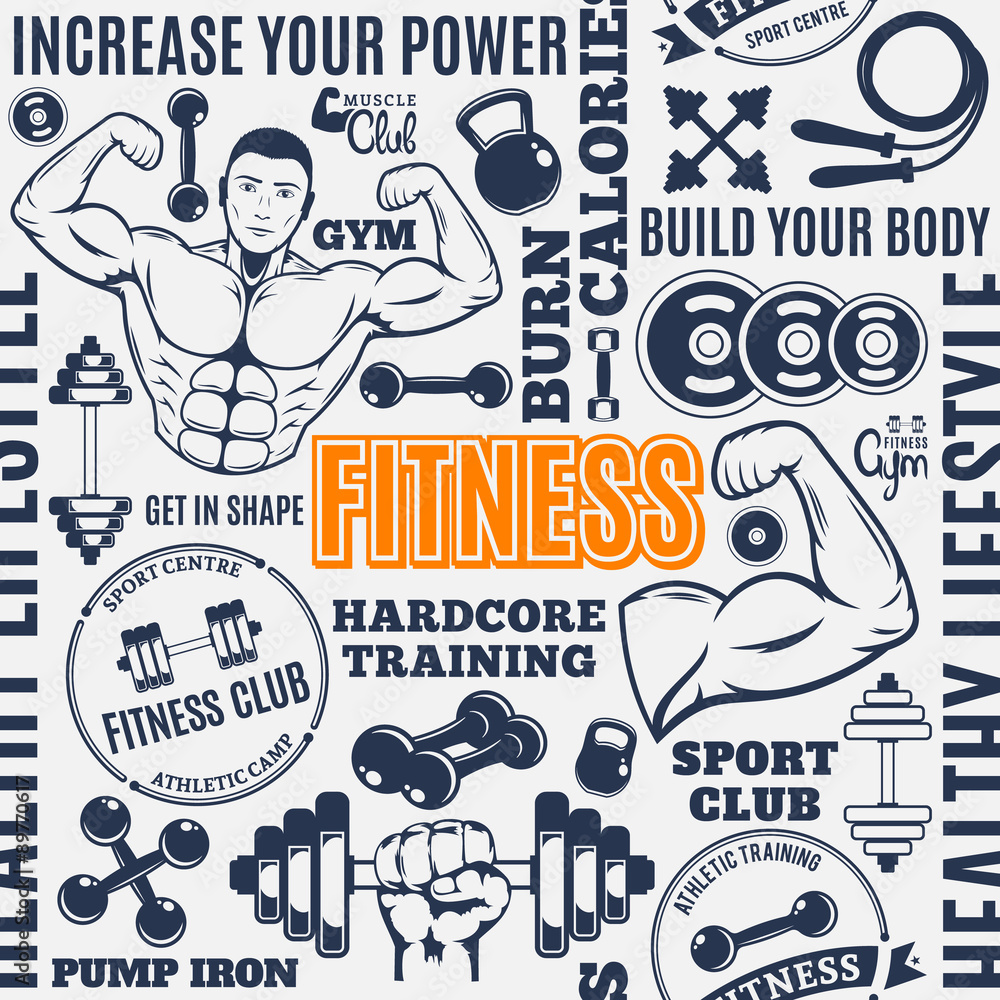 Typographic vector fitness gym seamless pattern or background Stock ...