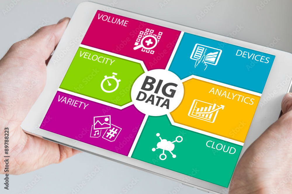 Hands holding tablet with big data dashboard. Modern information ...