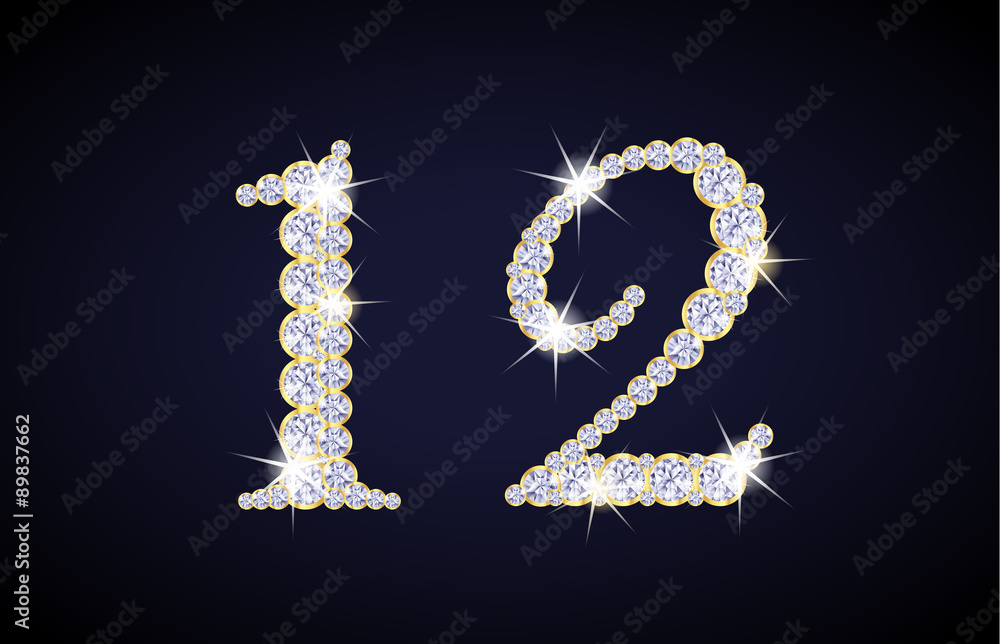 Number 1 and 2 composed from diamonds with golden frame. Complete ...