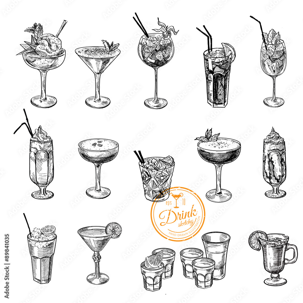Hand drawn sketch set of alcoholic cocktails. Stock Illustration ...