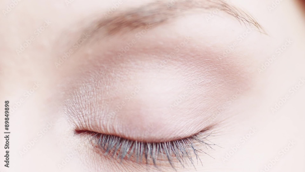 Macro Close-up eye blinking. Slow Motion, 120 fps, Zoom. Young Woman is ...