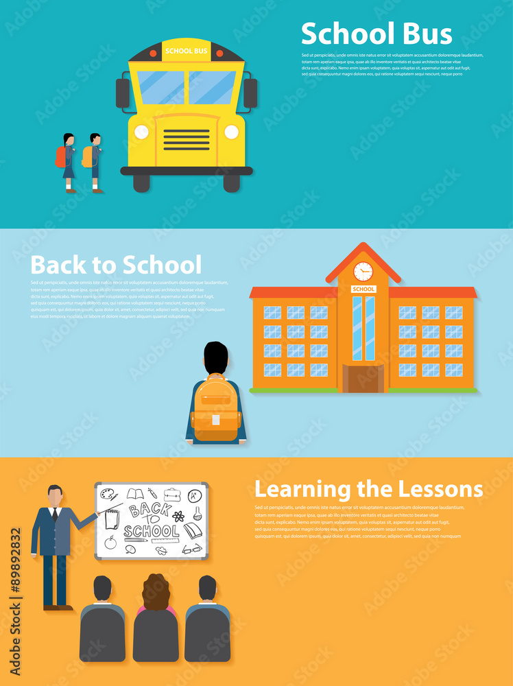 Back to School flat style design. Learning the lessons, school bus ...