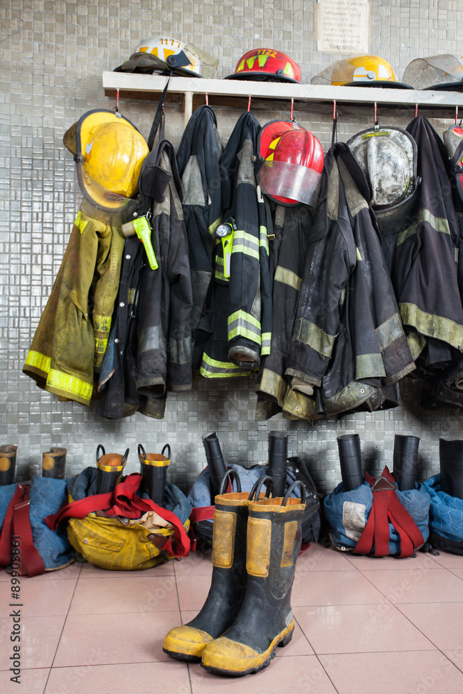 Firefighter Uniforms At Fire Station Stock Photo | Adobe Stock