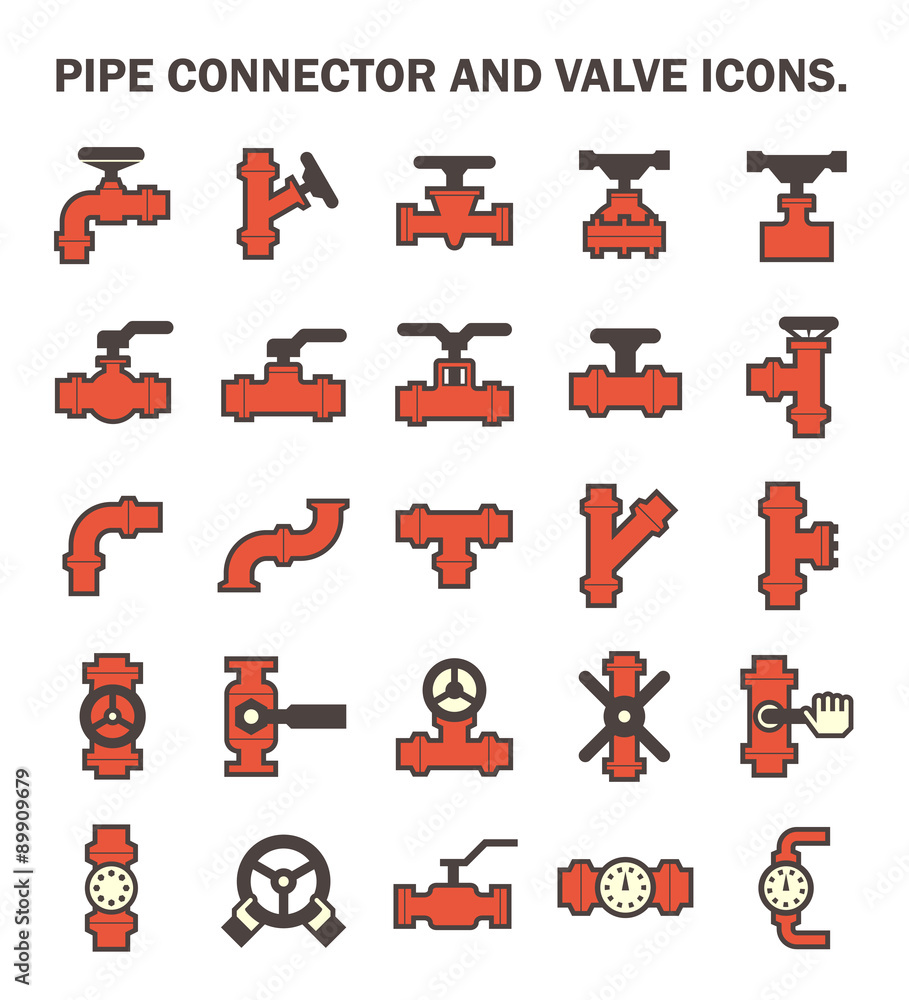 Pipe icon and flange fitting. Include control valve and pressure gauge ...