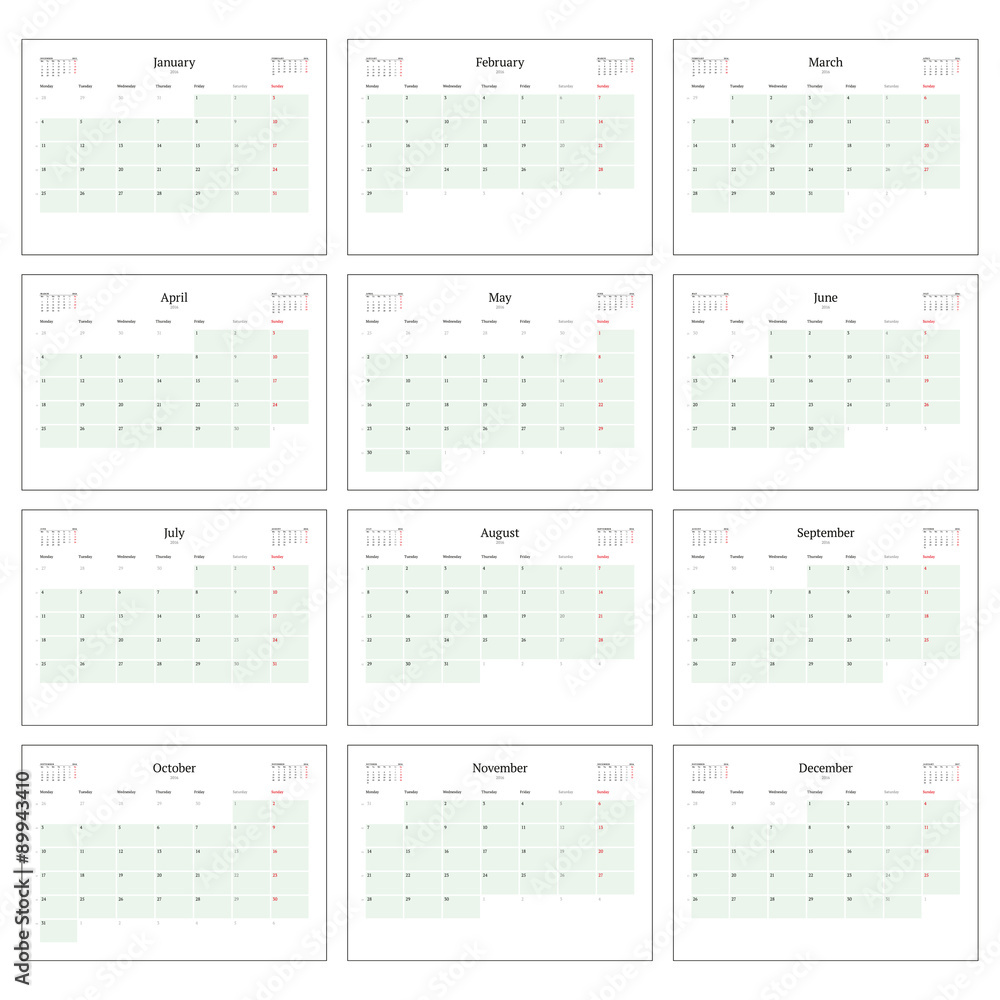 Monthly Calendar Planner for 2016. Print Template Set of 12 Months ...