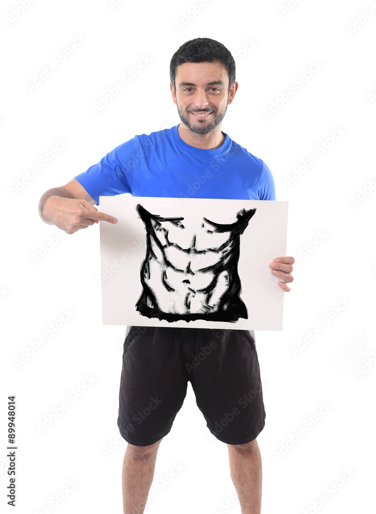 sport man holding billboard with six pack abdomen advertising gym ...
