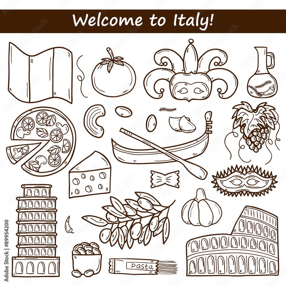 Set of cartoon objects in hand drawn outline style on Italy Stock ...