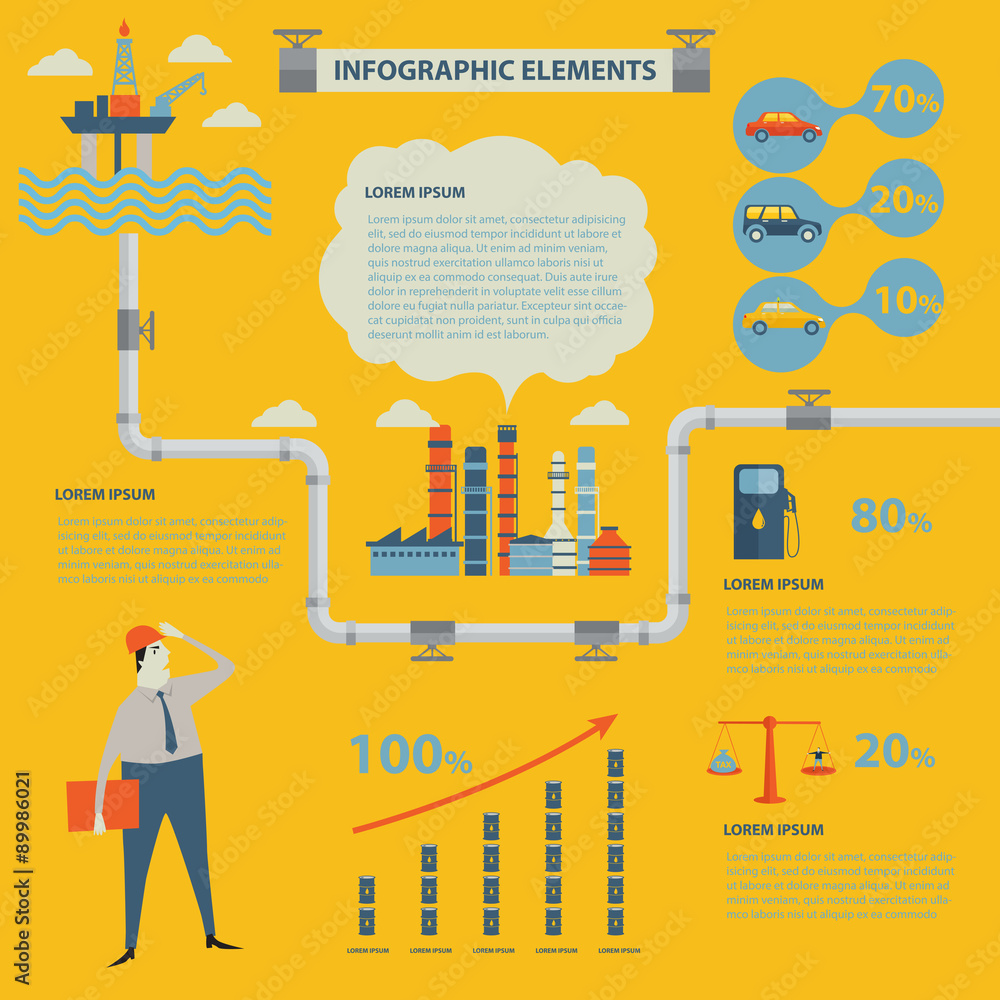 The process of oil production and petroleum refining. Vector ...