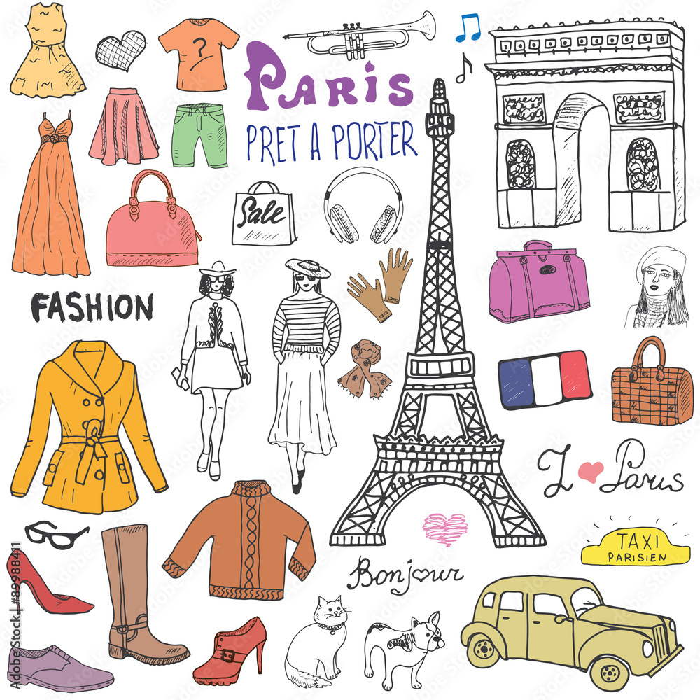 Paris doodles elements. Hand drawn set with eiffel tower, taxi triumf ...
