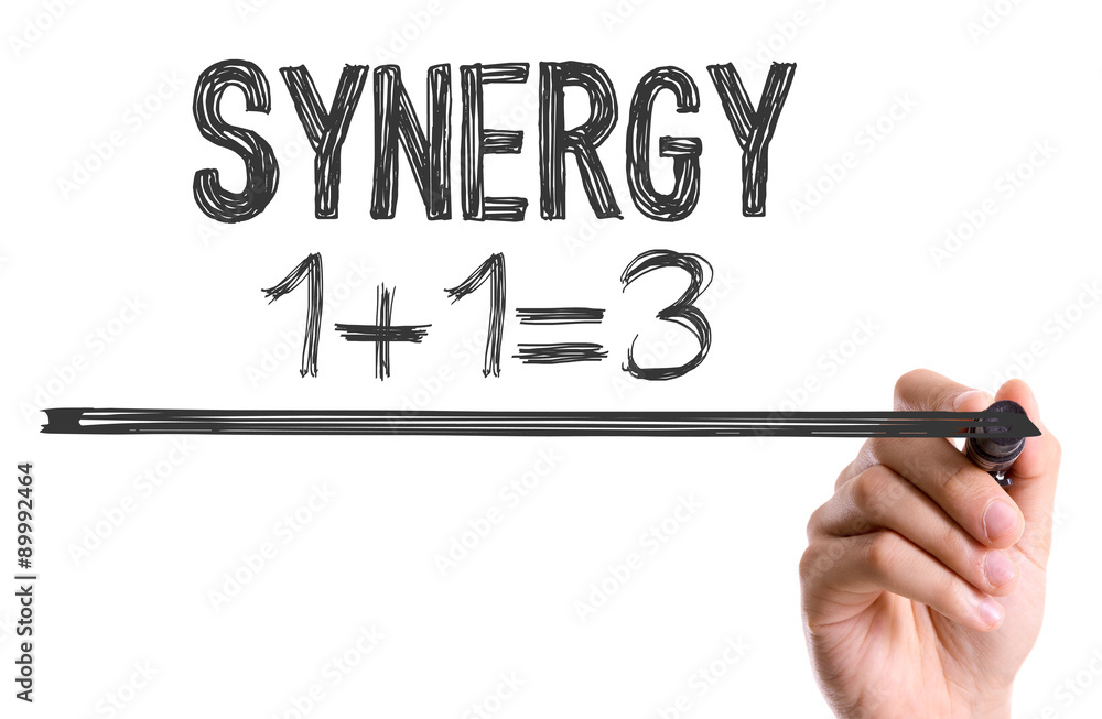 Hand with marker writing the word Synergy 1+1=3 Stock Photo | Adobe Stock