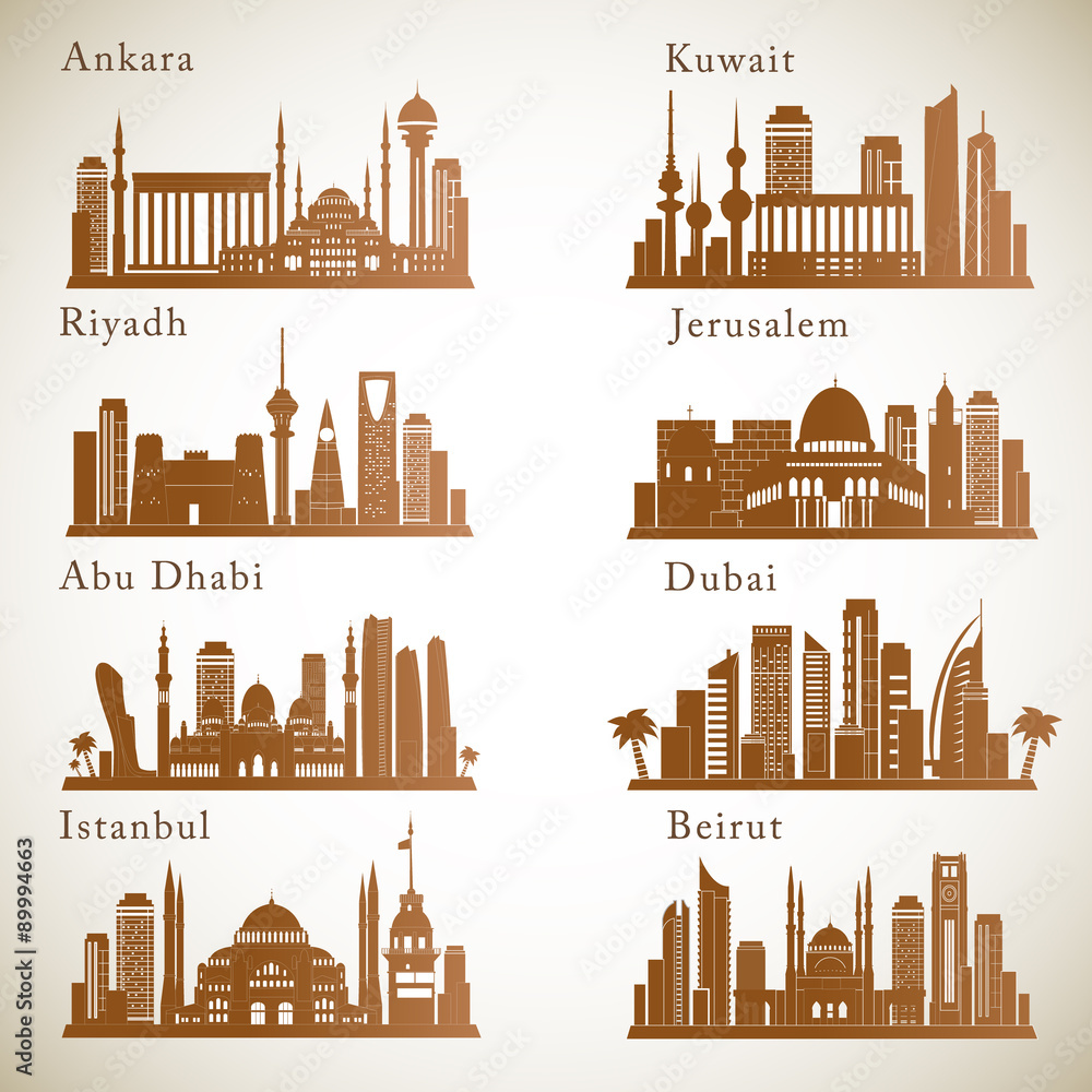 Middle East Cities skylines set. Middle east landmarks vector ...