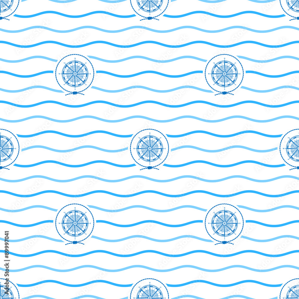 Seamless Pattern with Compass Rose Emblem, Blue Wind Rose in the Middle ...