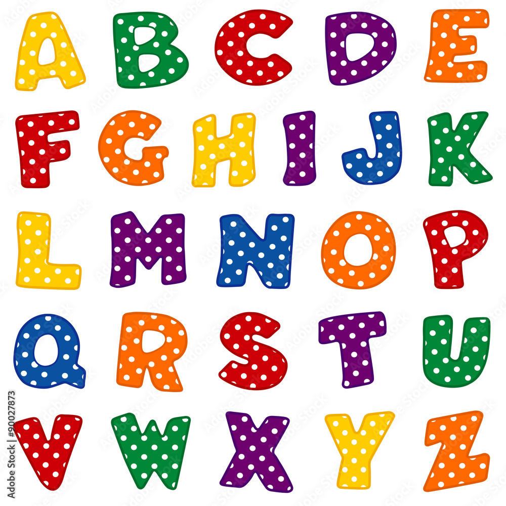 Alphabet, original polka dot design in vivid red, blue, green, gold ...