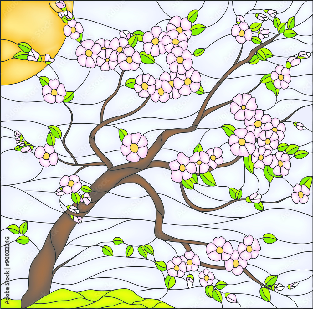Sakura / cherry tree, stained glass window Stock Vector | Adobe Stock