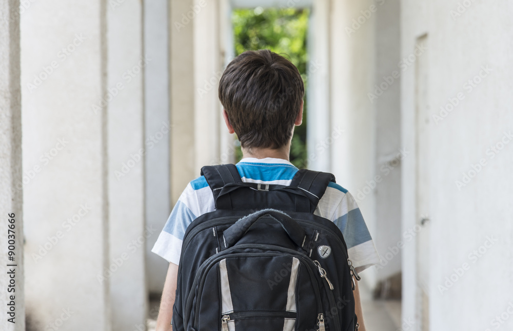 Teenage school boy with a backpack on his back walking to school. back ...
