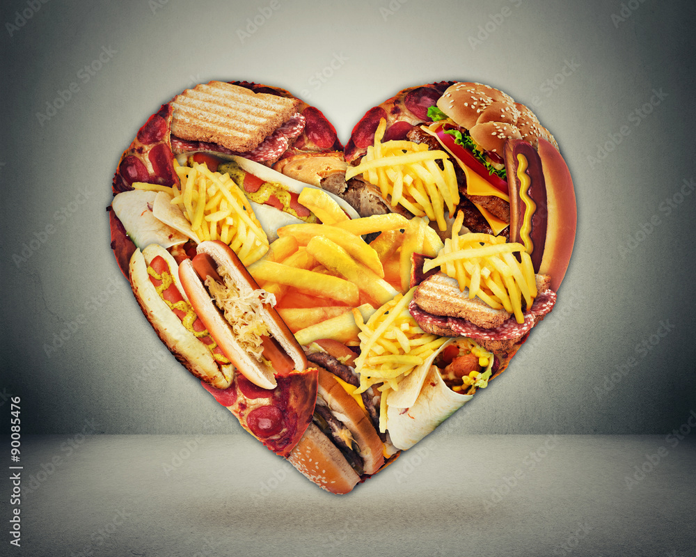 Heart and bad diet stroke risk concept. Heart shaped of fast junk fatty ...