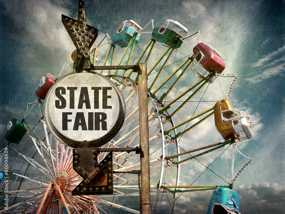 aged and worn vintage photo of state fair sign with ferris wheel Stock ...