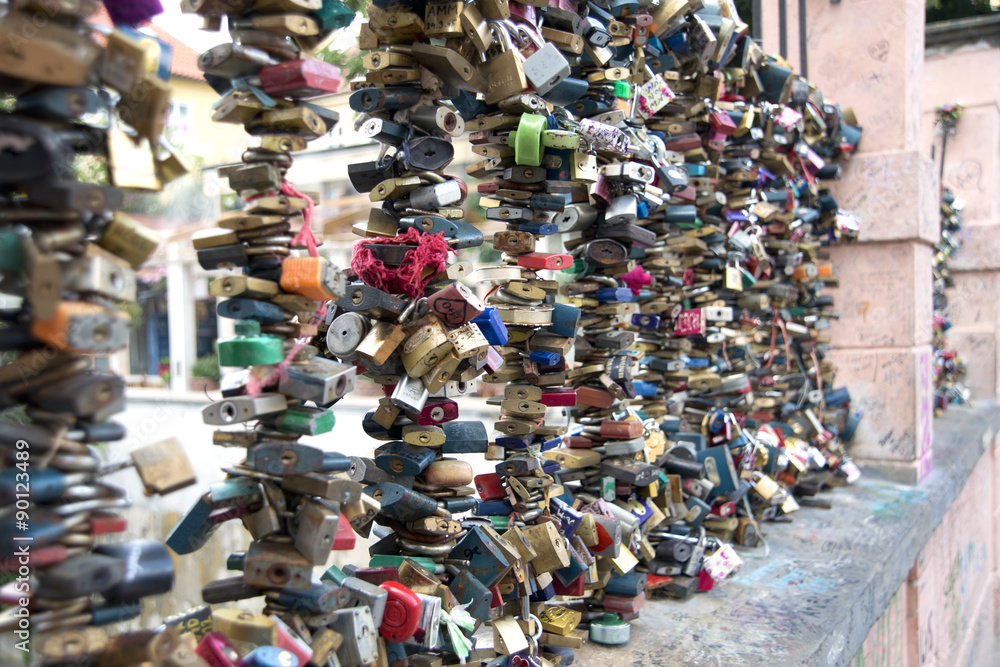 PRAGUE, CZECH REPUBLIC - july 22, 2015: Love locks in Prague. The locks ...