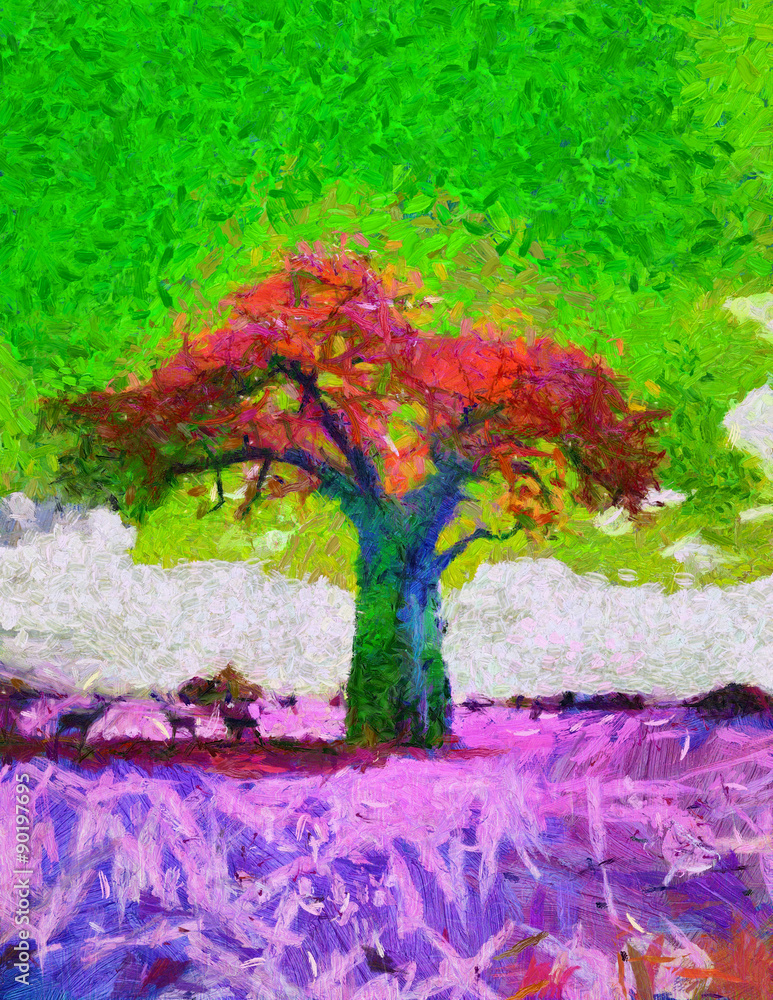 acid colors African Baobab tree landscapepsychedelic oil painting Stock ...