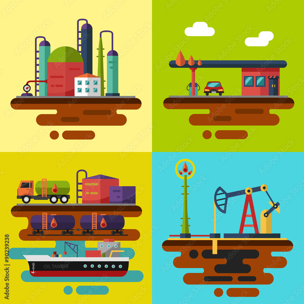 Vector flat illustrations. Oil extraction, oil pumping station, oil ...