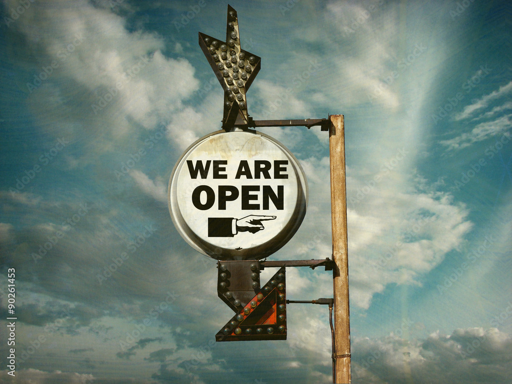 aged and worn vintage photo of we are open sign Stock Photo | Adobe Stock