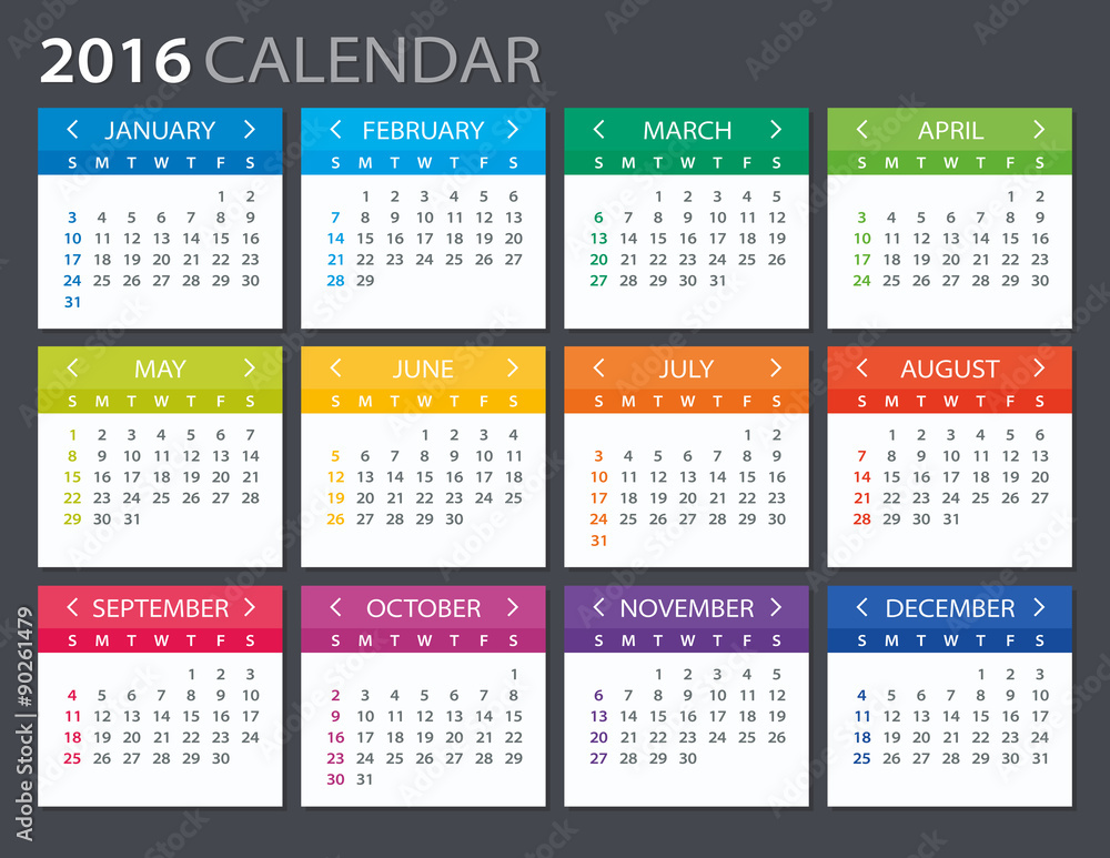 2016 Calendar - illustration. Vector template of color 2016 calendar ...
