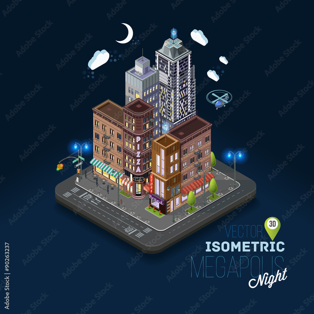 City concept with isometric buildings, shops, offices, cafes ...