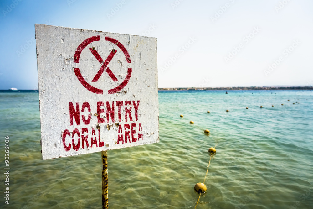 Warning sign "no entry - coral area" in egypt / red sea Stock Photo ...