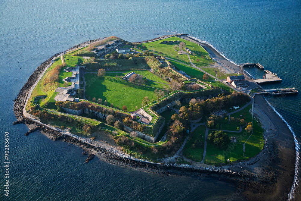 AERIAL VIEW of Fort Warren, a historic Civil War fort used as a prison ...