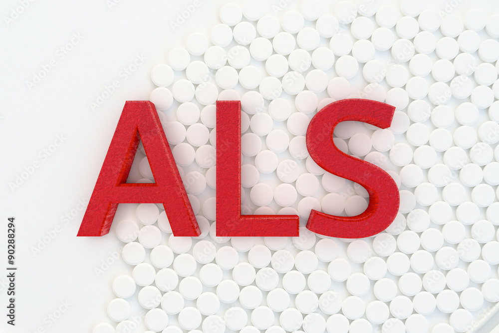 ALS - Amyotrophe lateralsklerose font and white pills - 3d Rendered ...