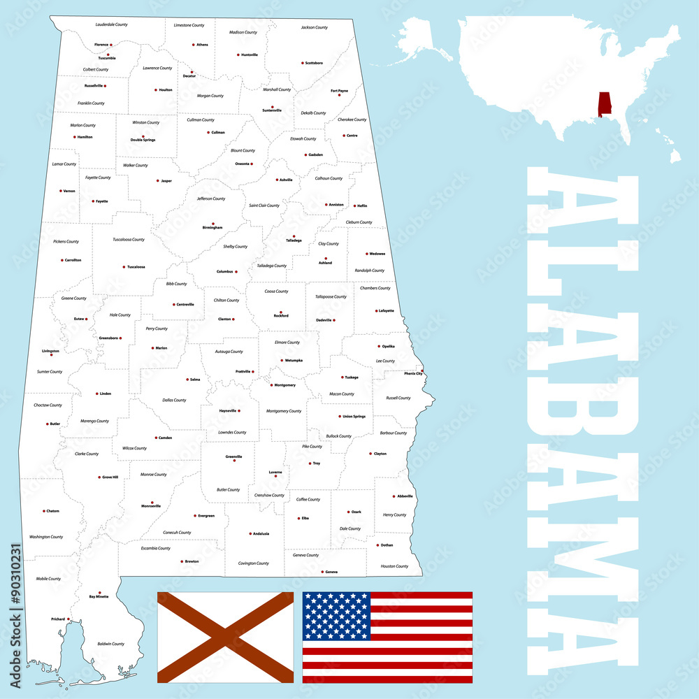 A large and detailed map of the State of Alabama with all counties and ...