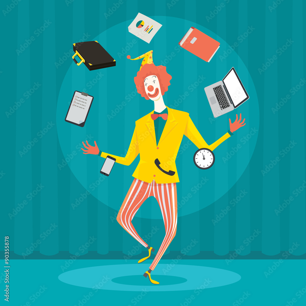 Funny businessman juggling with office equipment. Creative vector ...