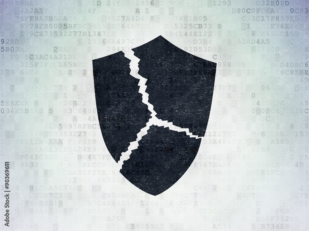 Safety concept: Broken Shield on Digital Paper background Stock ...