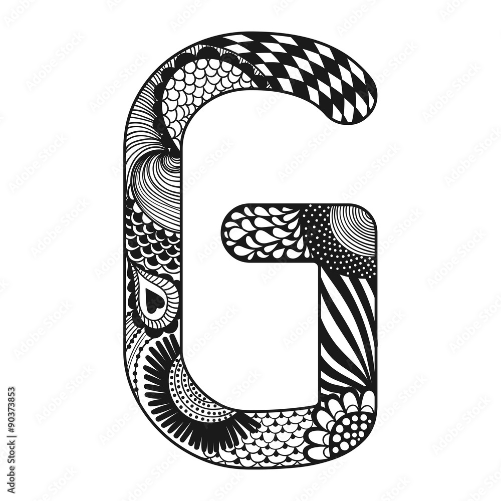 Zentangle stylized alphabet. Lace letter G in doodle style. Hand Stock ...