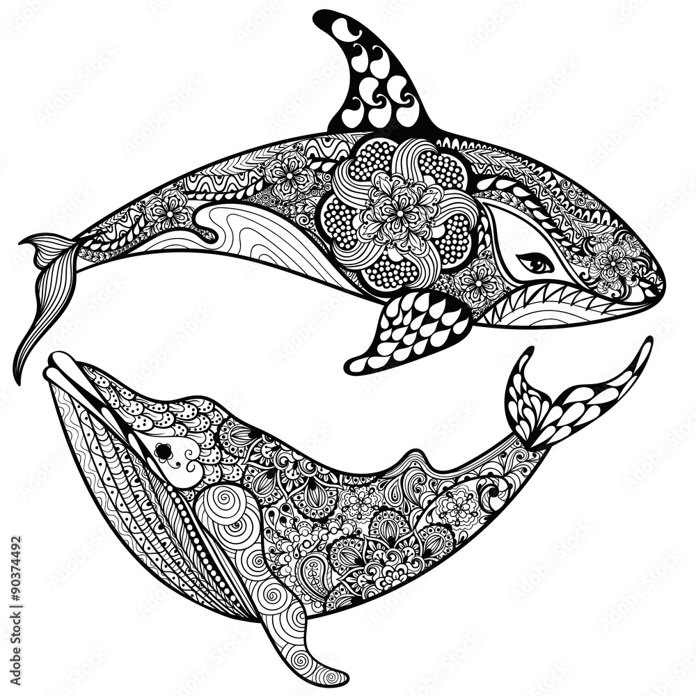 Zentangle stylized Sea Shark and Whale. Hand Drawn vector illust Stock ...